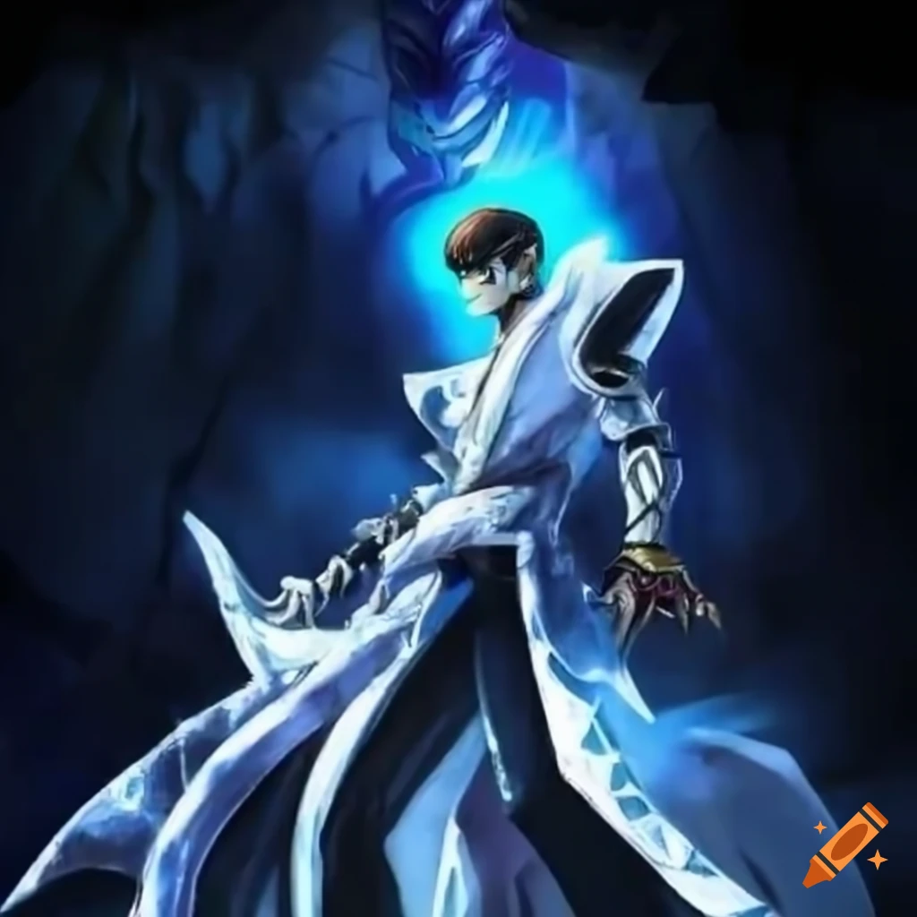 Seto kaiba as egyptian priest summoning blue eyes white dragon on Craiyon