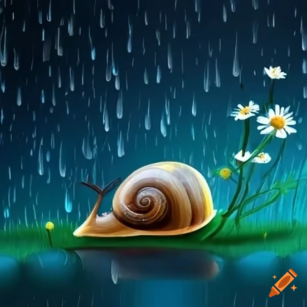 Snails dance in the rain around daisy flowers on Craiyon