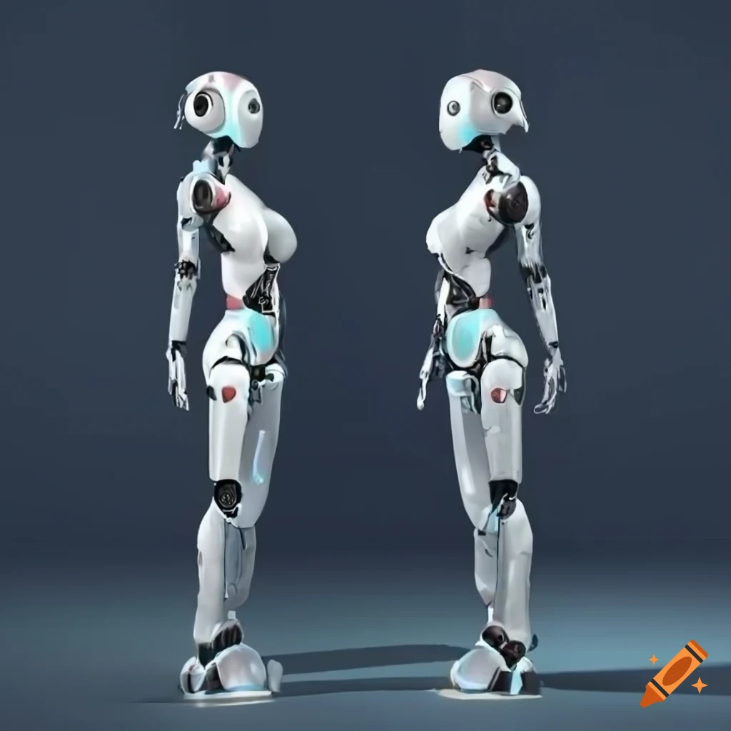 3d animated colourful female robot full length side view