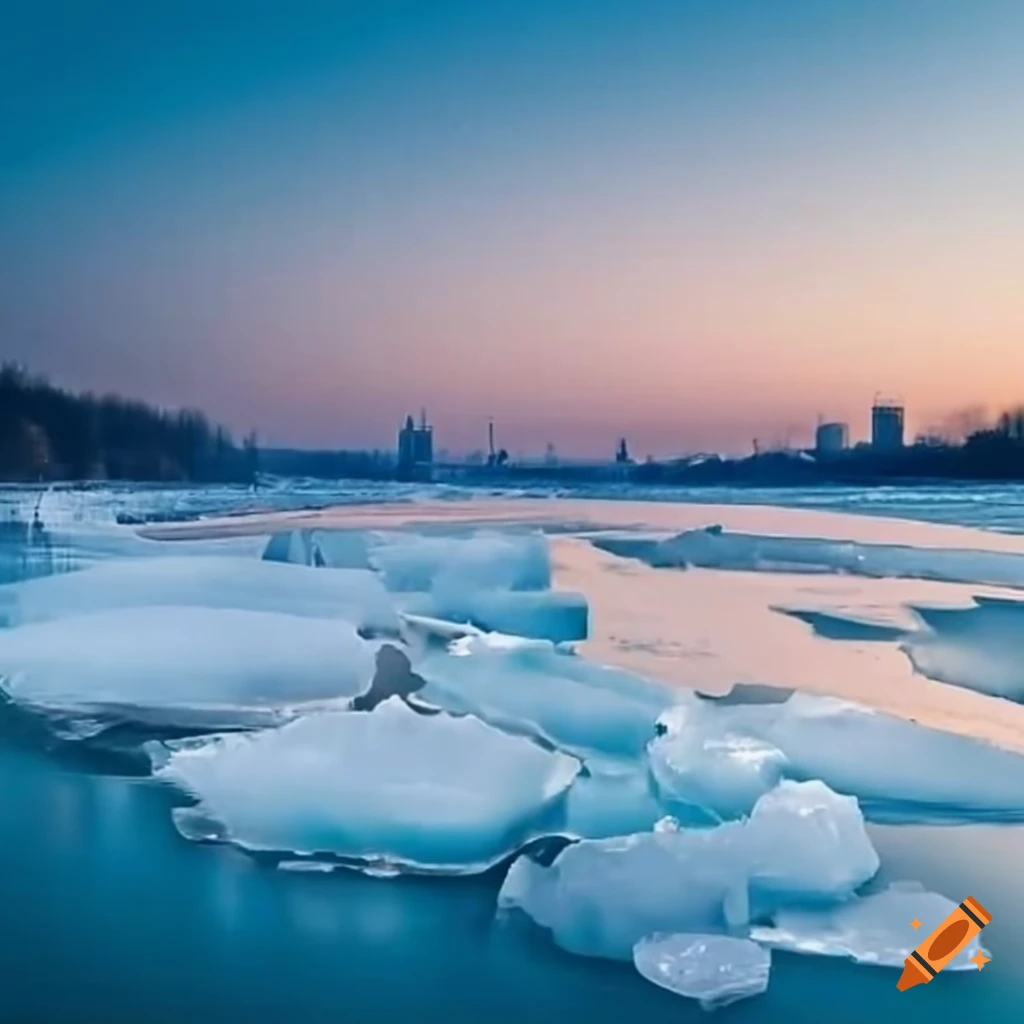 Ice blocks in the rhine river at the city of beuel, germany on Craiyon