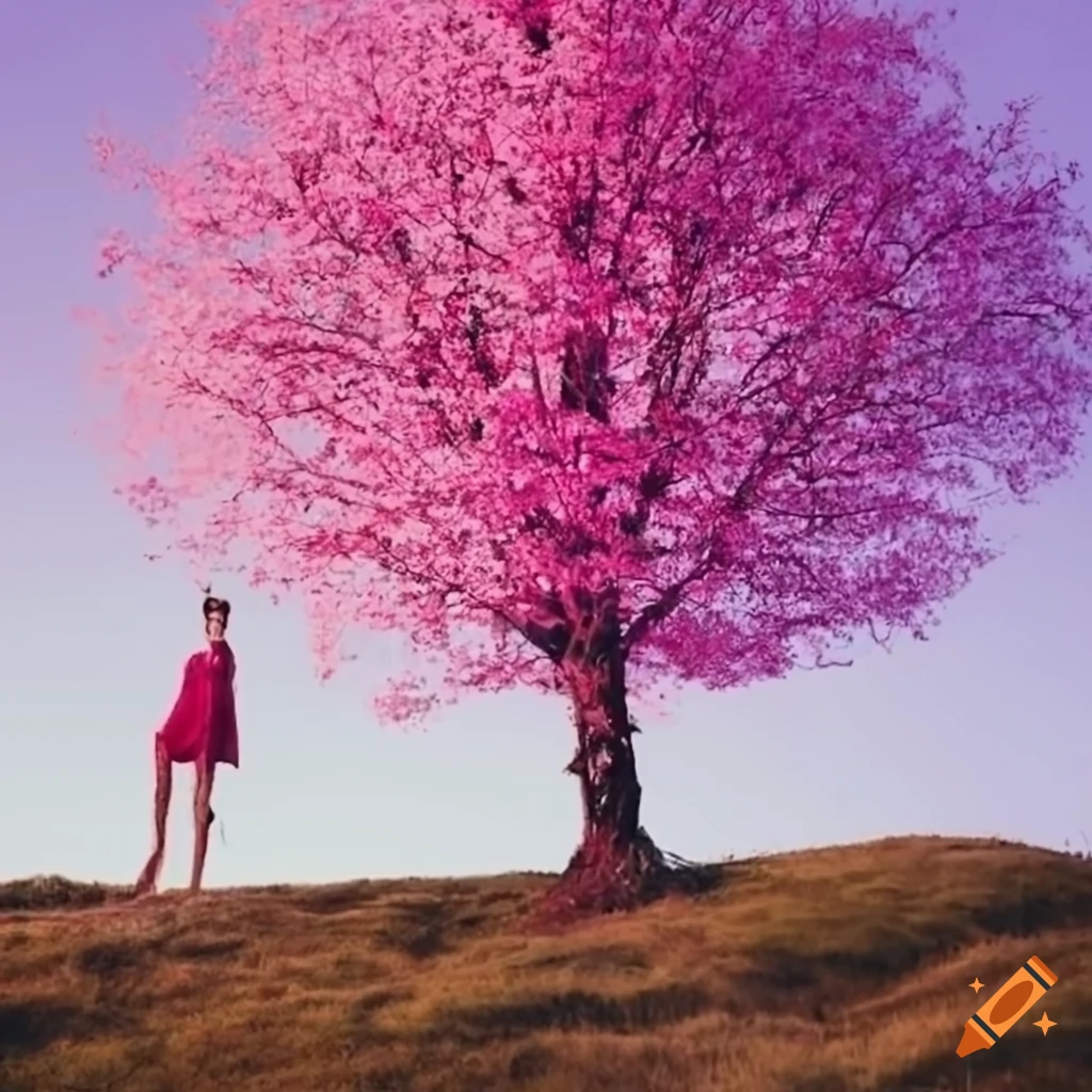 Pink pixel tree on a hill