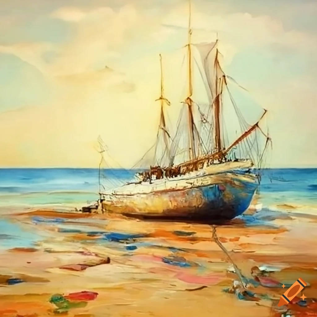 Ships stranded on sandy beach painted by an impressionist