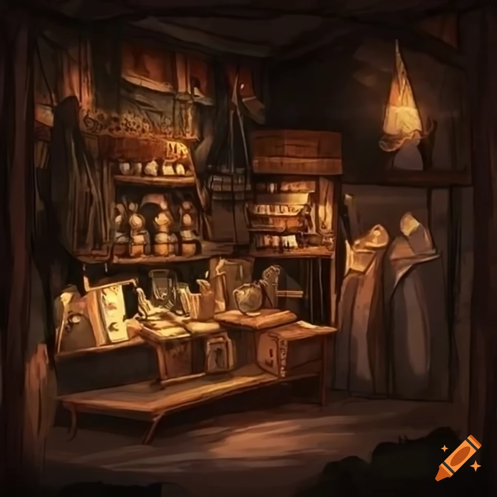 Drab concept art of a dingy medieval shop overflowing with items for ...