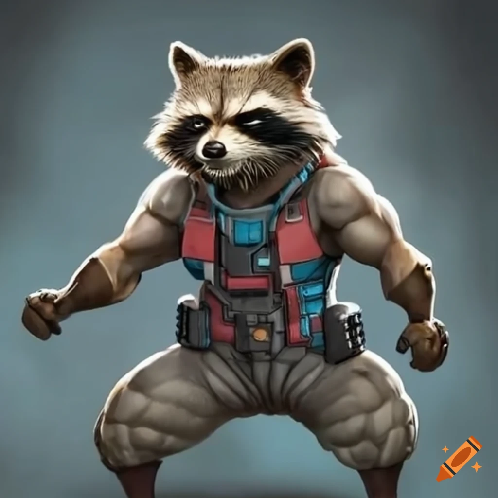 Marvel's muscular rocket raccoon black and white on Craiyon