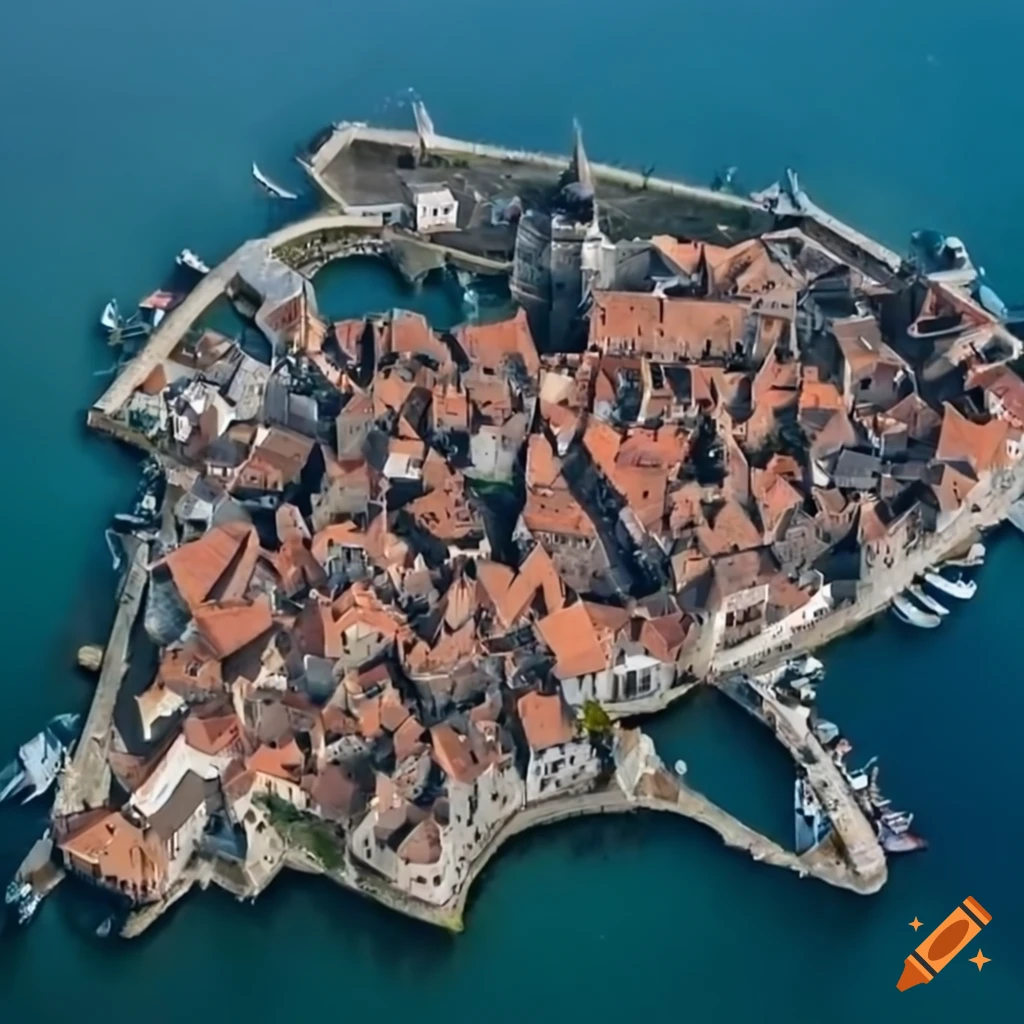 A medieval harbor town from above on Craiyon