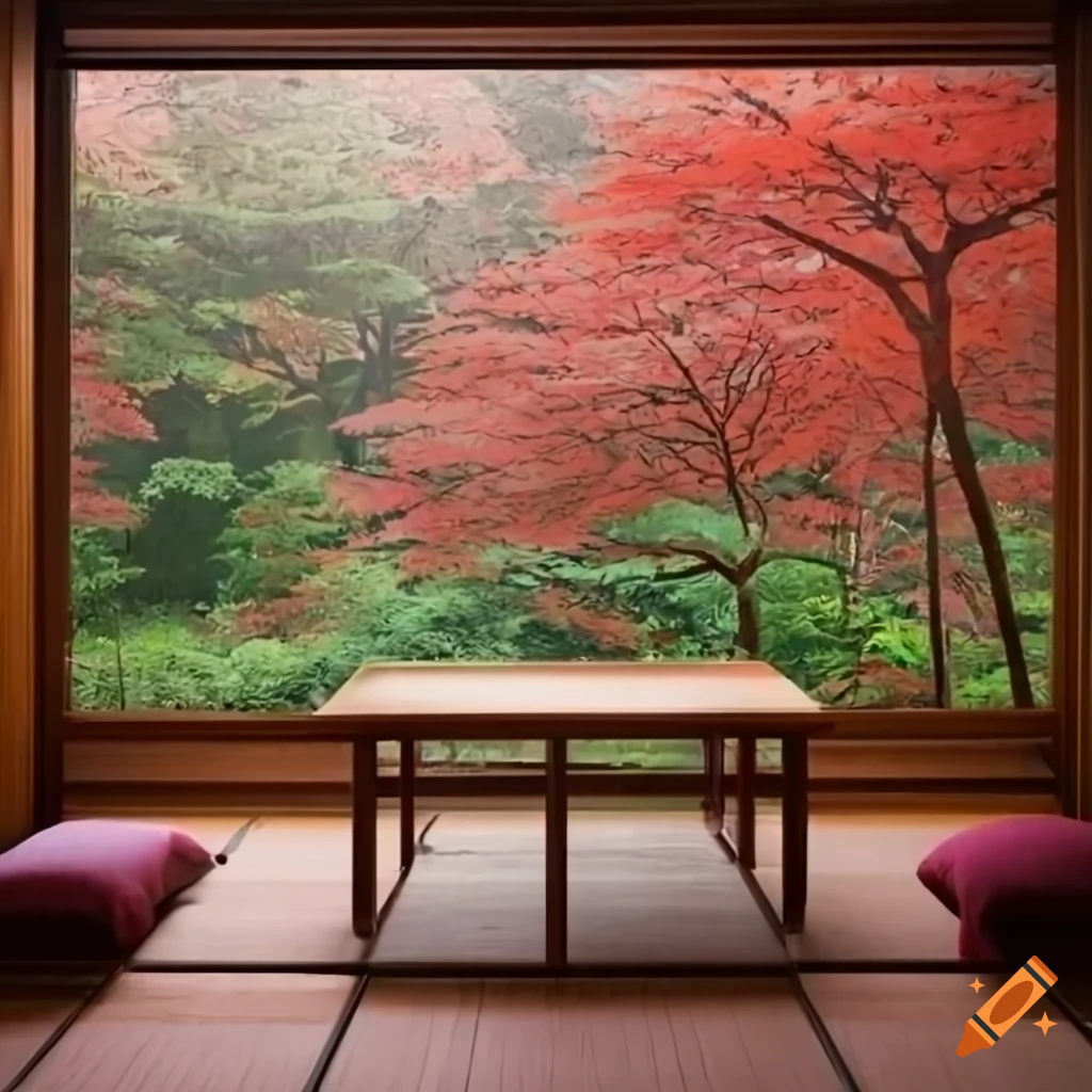 An ancient japanese tatami style room with green vines and red japanese ...
