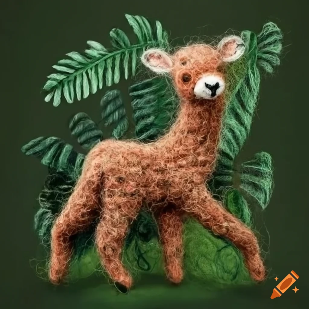 Jungle animals made of felted wool with jungle background