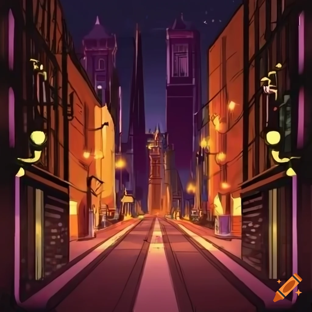 A big city with a lot of beautiful lights, drawn in disney 2d style ...