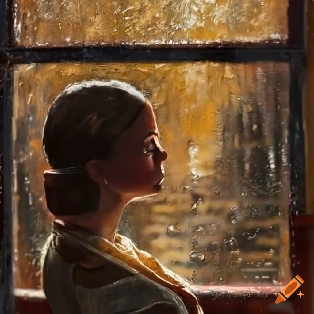 A calm photo of a woman with coffee near a window while its raining ...