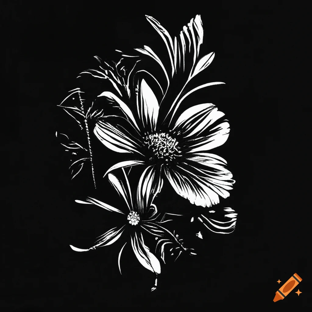 Woodcut flowers, monochrome, black and white