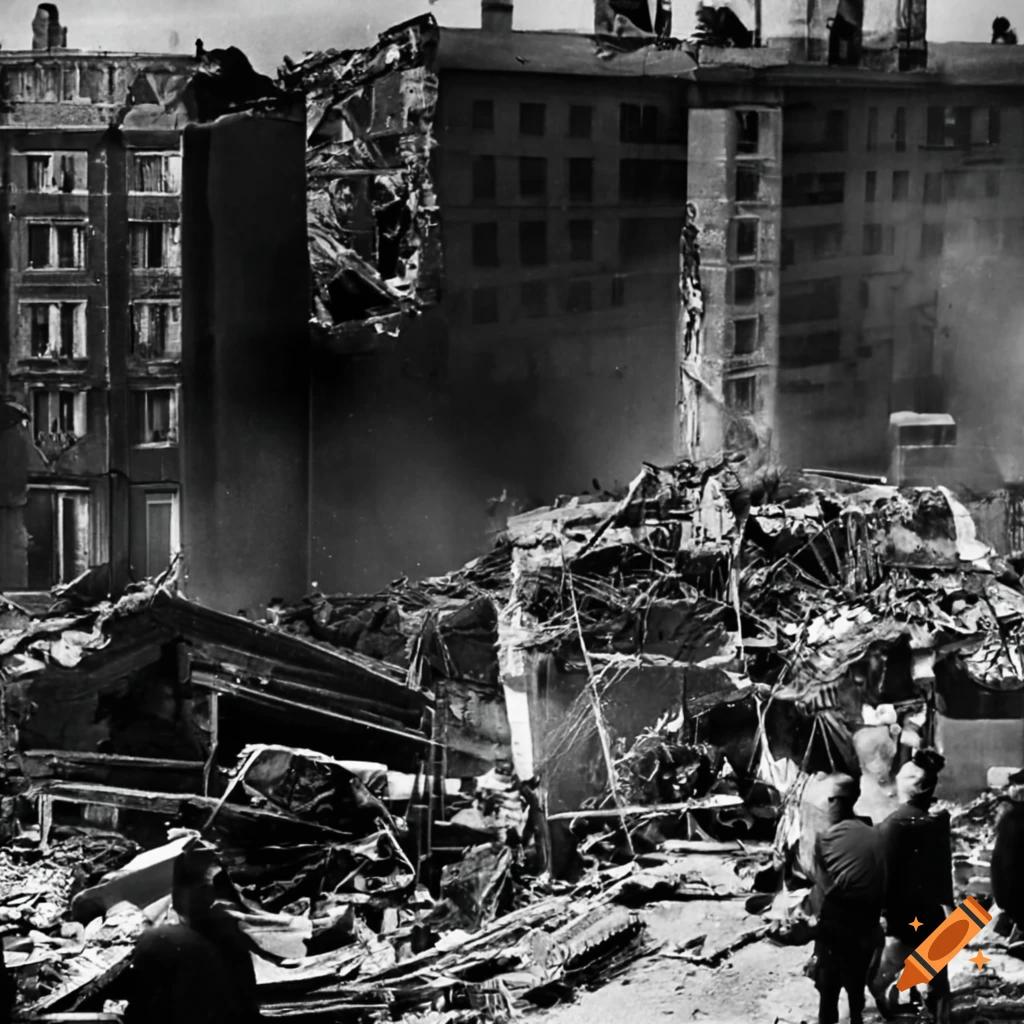 Black-and-white panorama from 1943, people escaping from a city totally ...