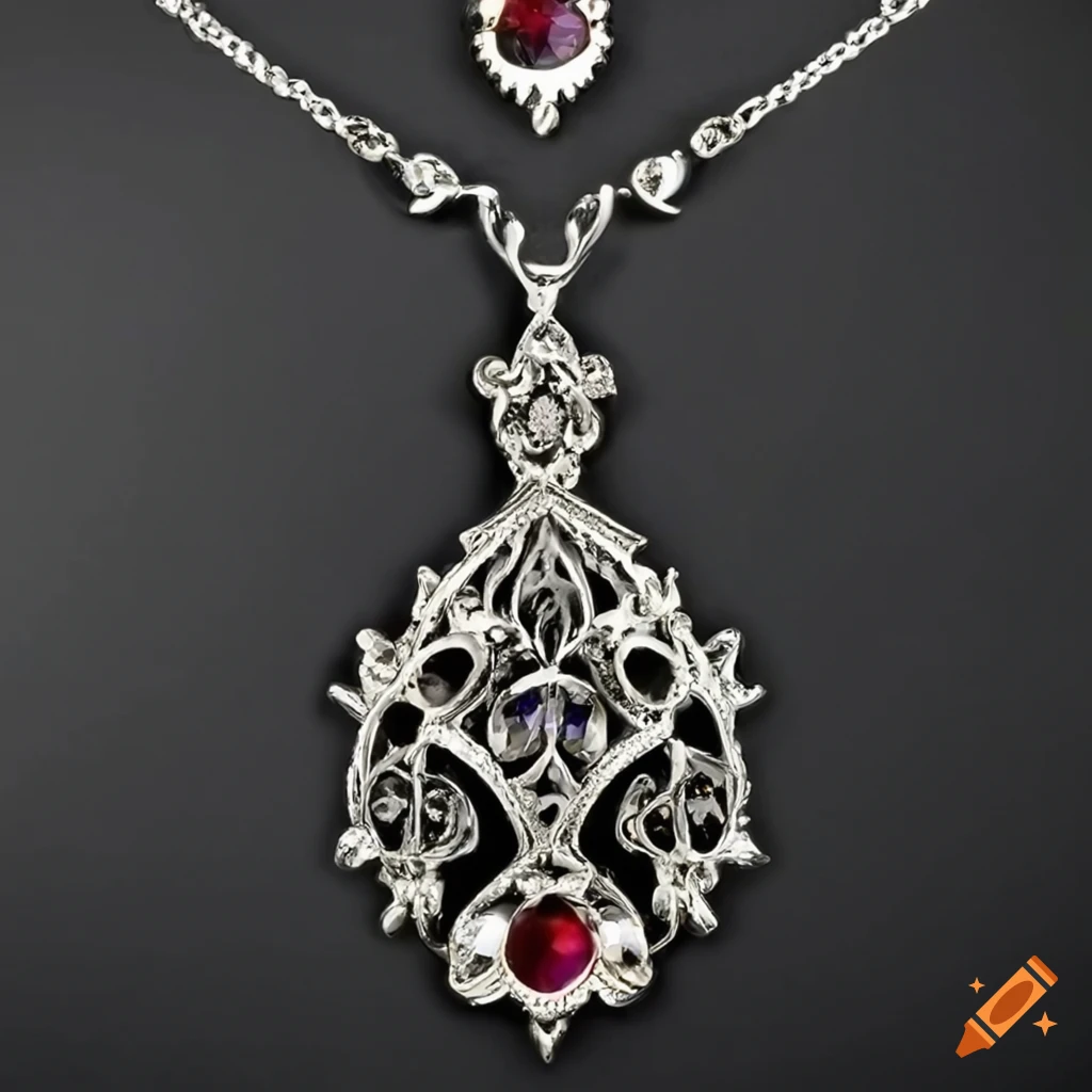 Gothic victorian silver gemstone pendant necklace with elaborate ...