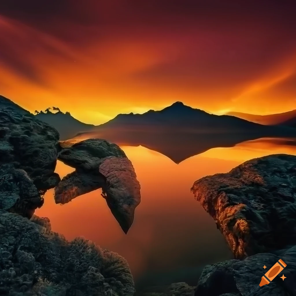 See unmittelbar vor einer kleinen klippe bei sonnenuntergang, rundherum ...