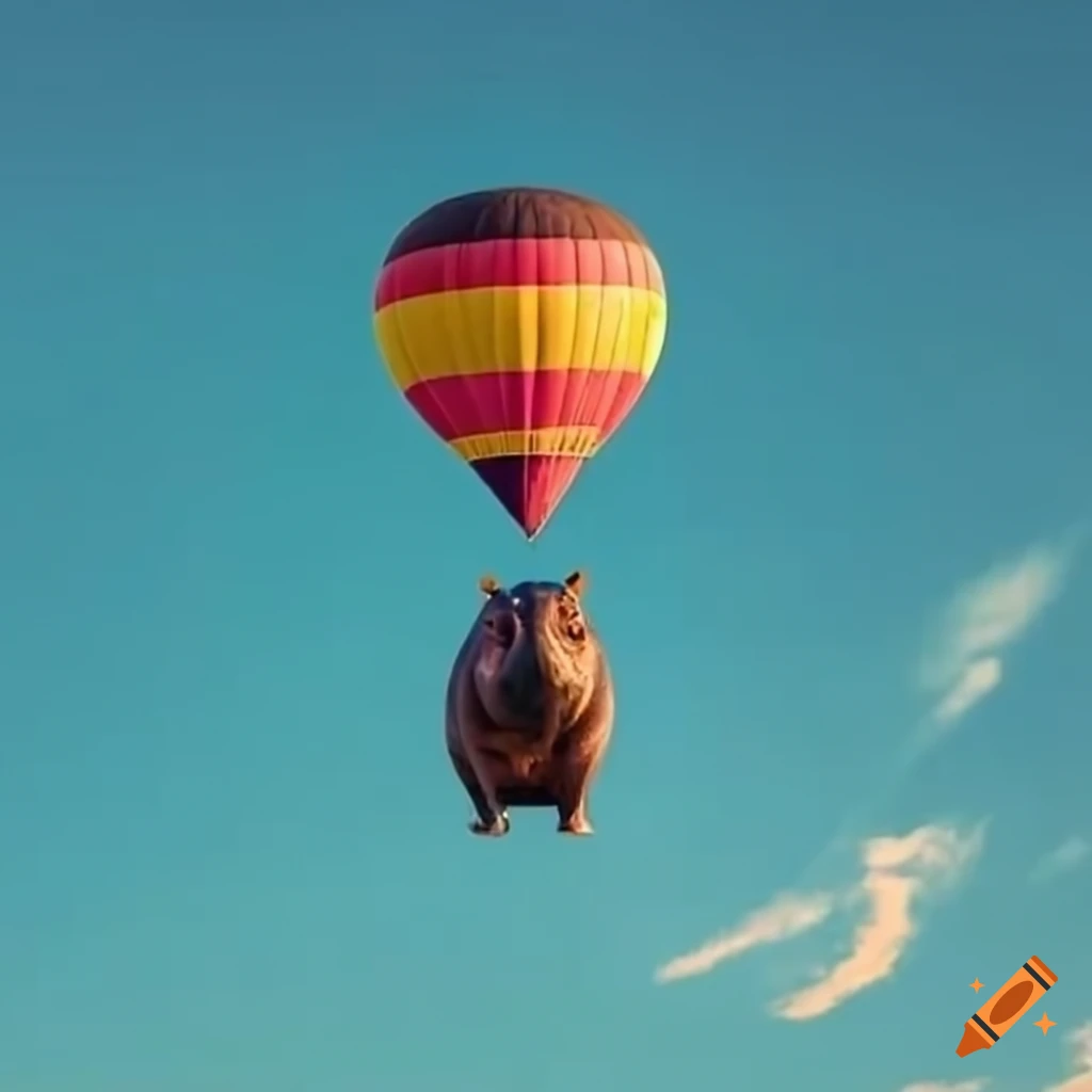 Side view of Hippopotamus up in the sky hanging from hot air balloon on ...
