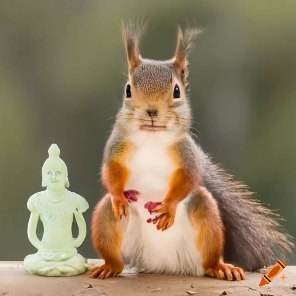 Red squirrel holding hands with a little buddha on Craiyon