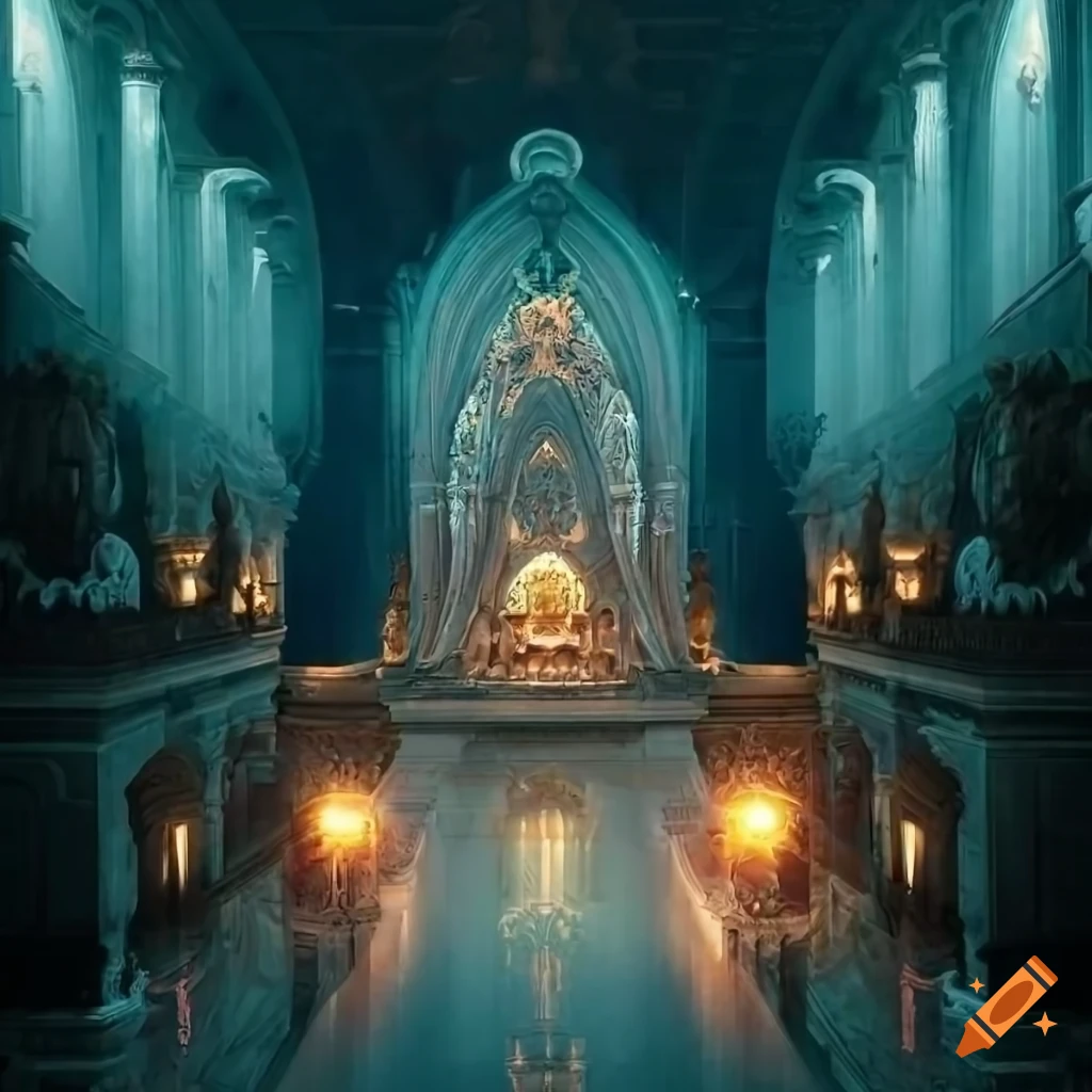 Long throne room with ornamental pools and statues along the sides on ...