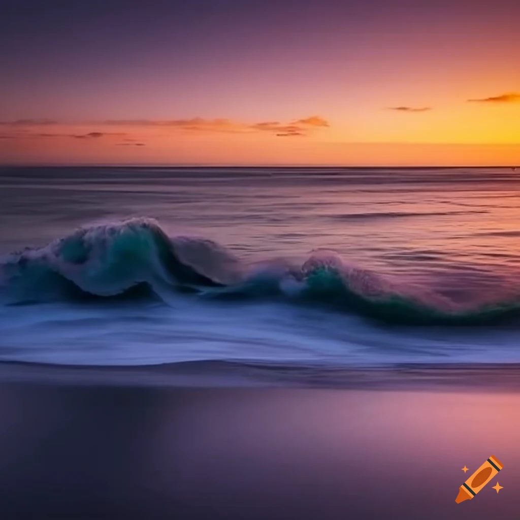 Stunning ocean waves reflecting the sunset caught by Maba Studio on Craiyon