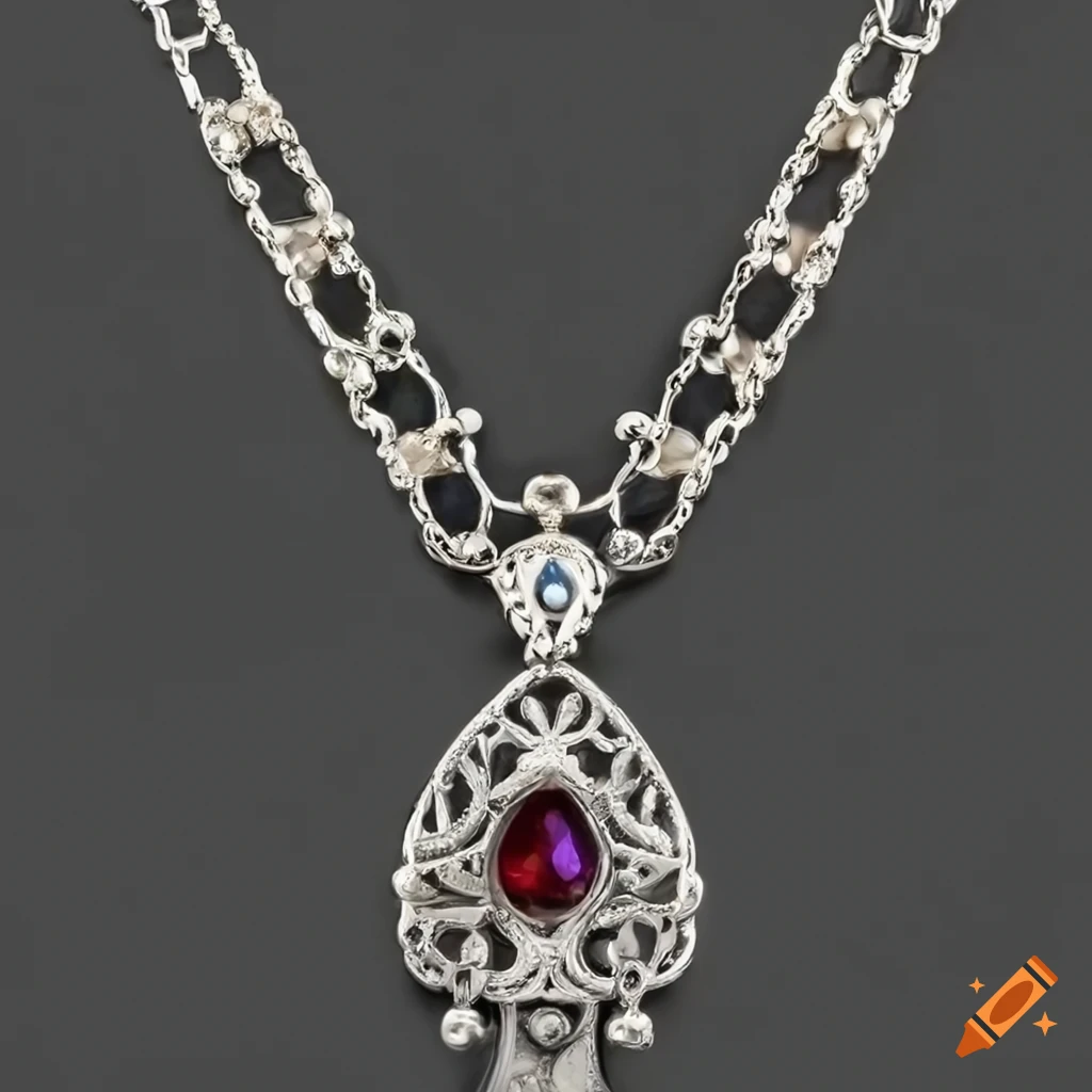 Gothic victorian silver gemstone pendant necklace with elaborate ...