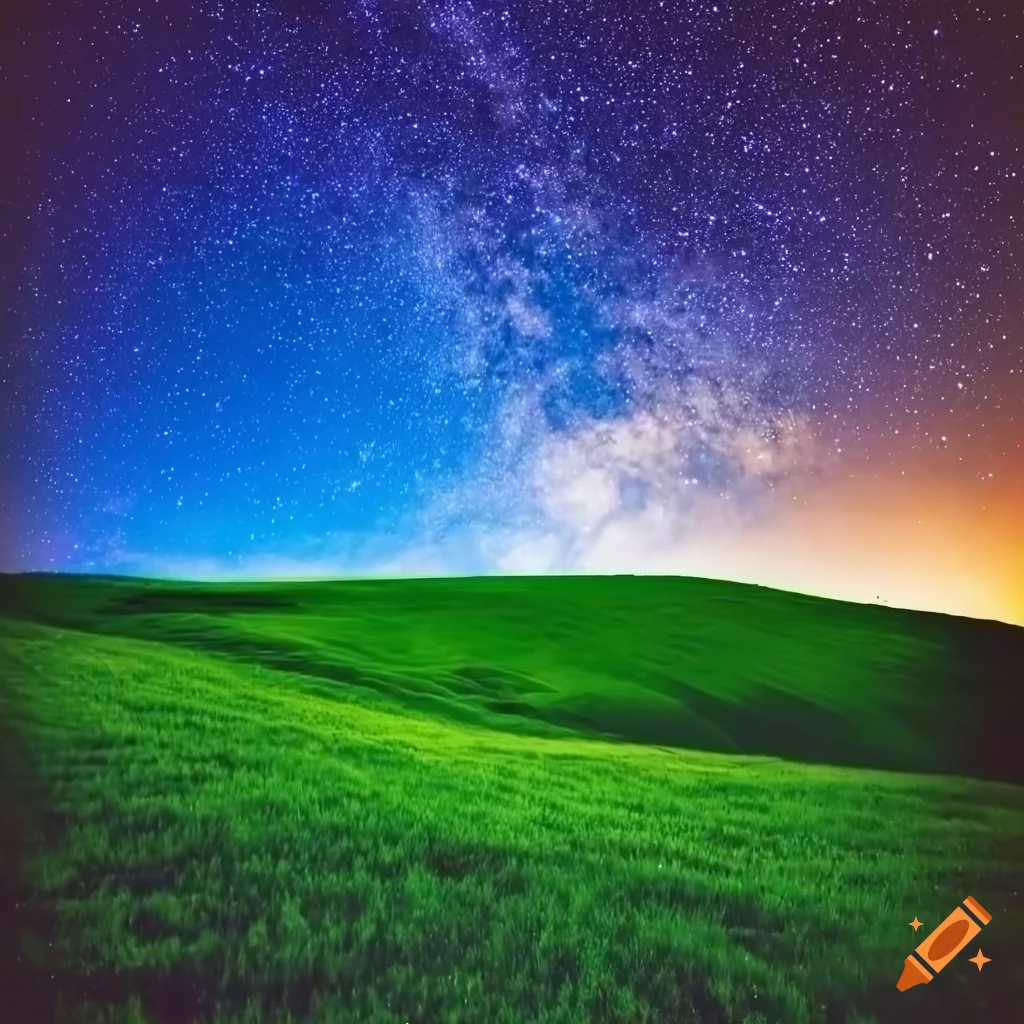Sunset starry night, field in between two hills with green grassy ...