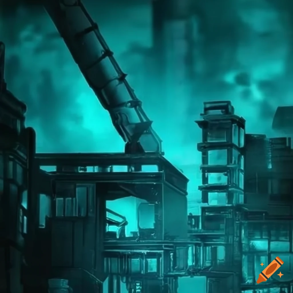 Factory building robots dark turquoise ink