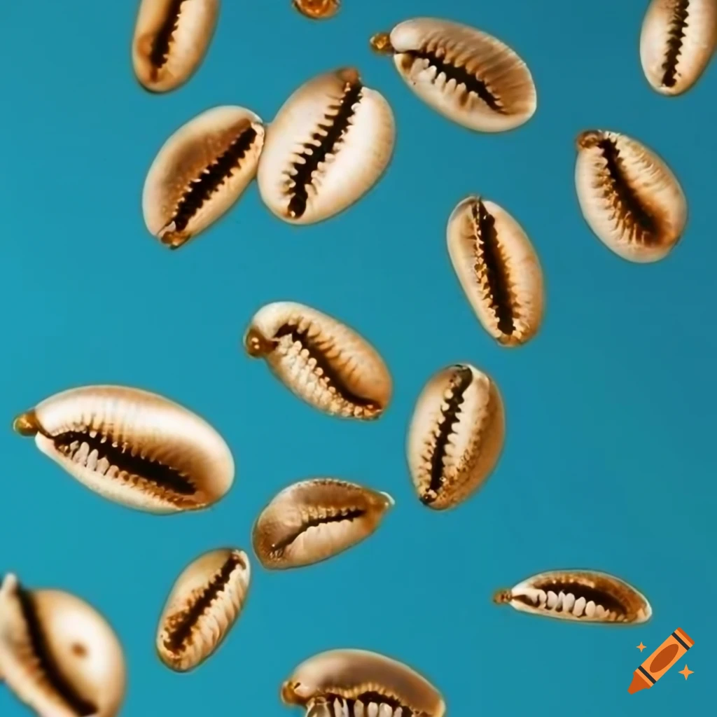 Falling gold cowrie shells on peacock blue background on Craiyon