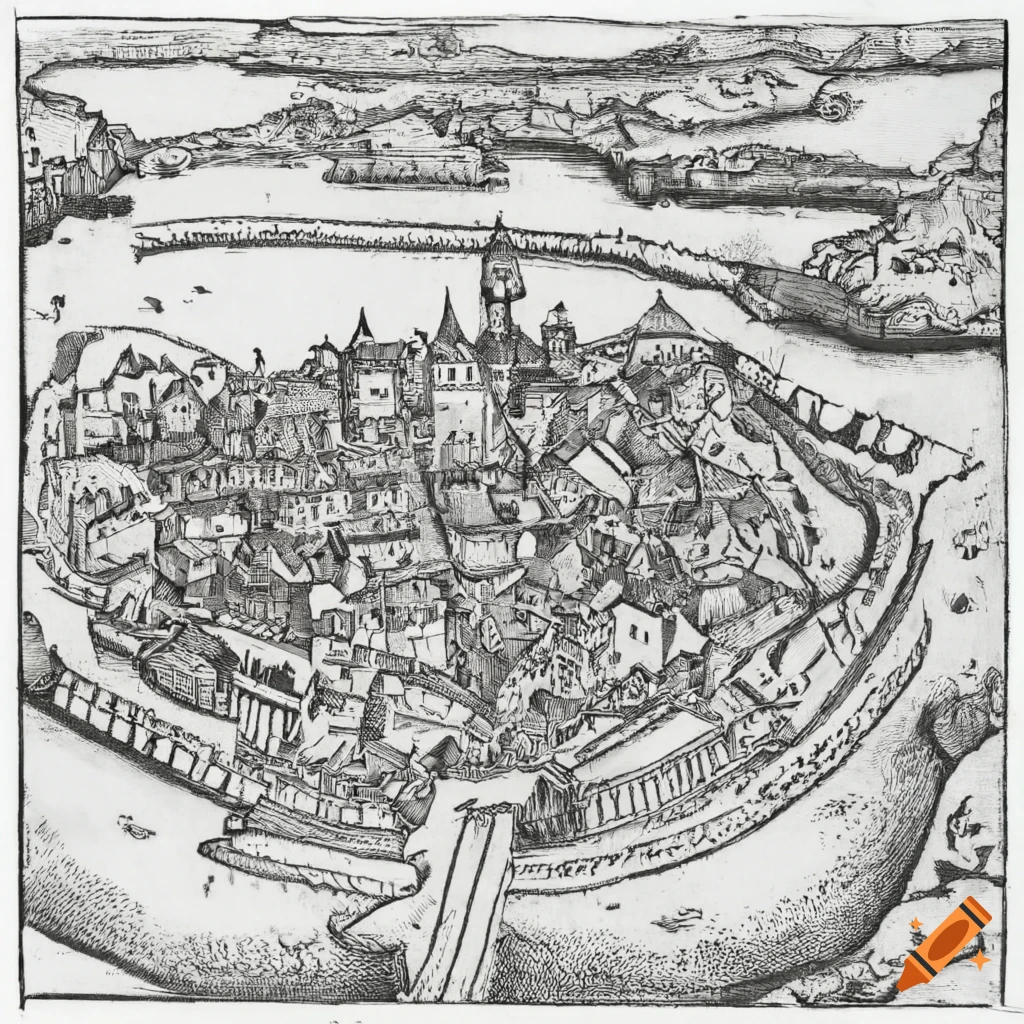 A medieval town from an orthographic top view with a harbor on Craiyon
