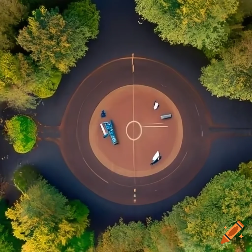 Roundabout in the middle of a forest with a brown school building