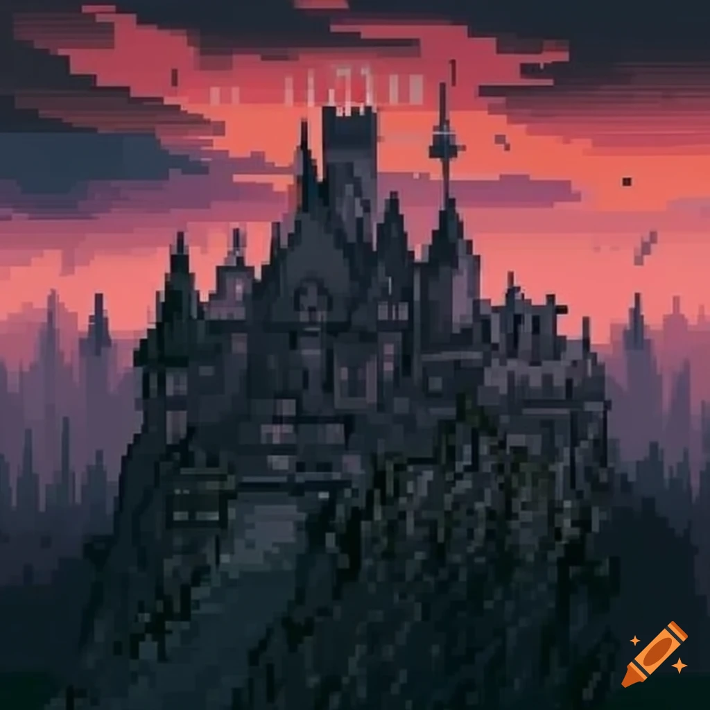 Pixel art of fantasy landscape with an gothic castle, gothic vibes