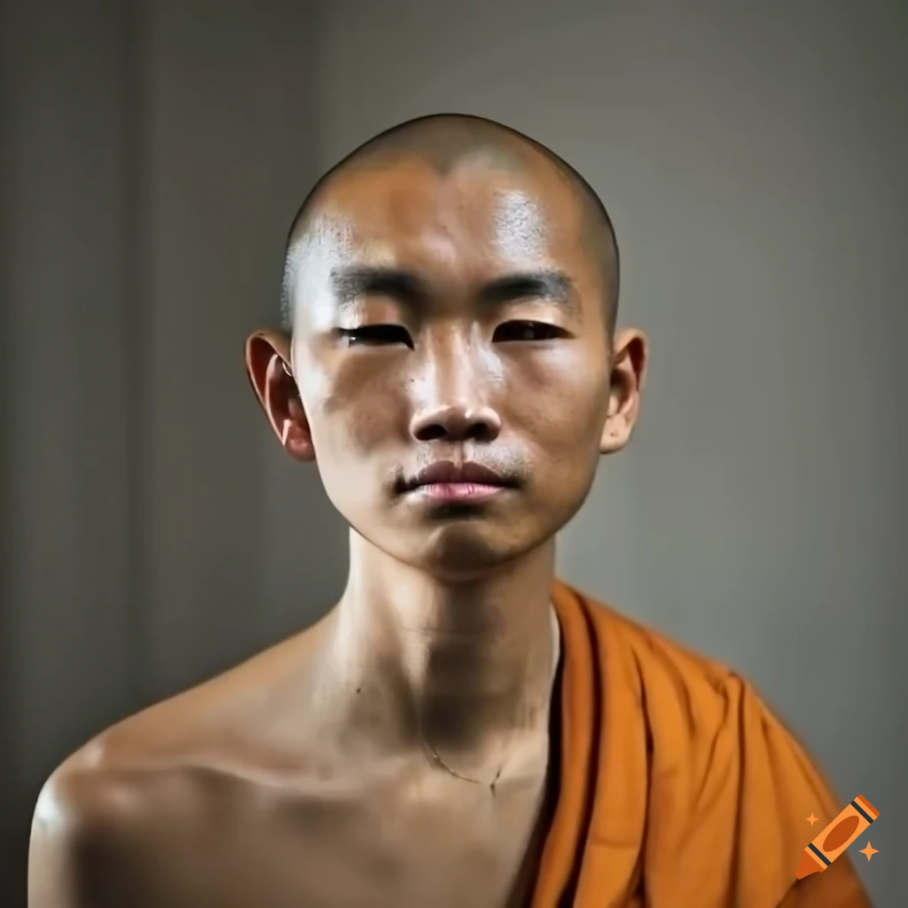 Portrait of a handsome buddhist monk with open eyes and peaceful ...