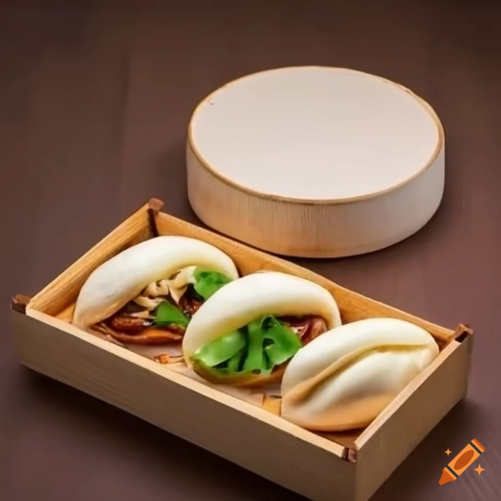 Steamed bao buns in a wooden box on Craiyon