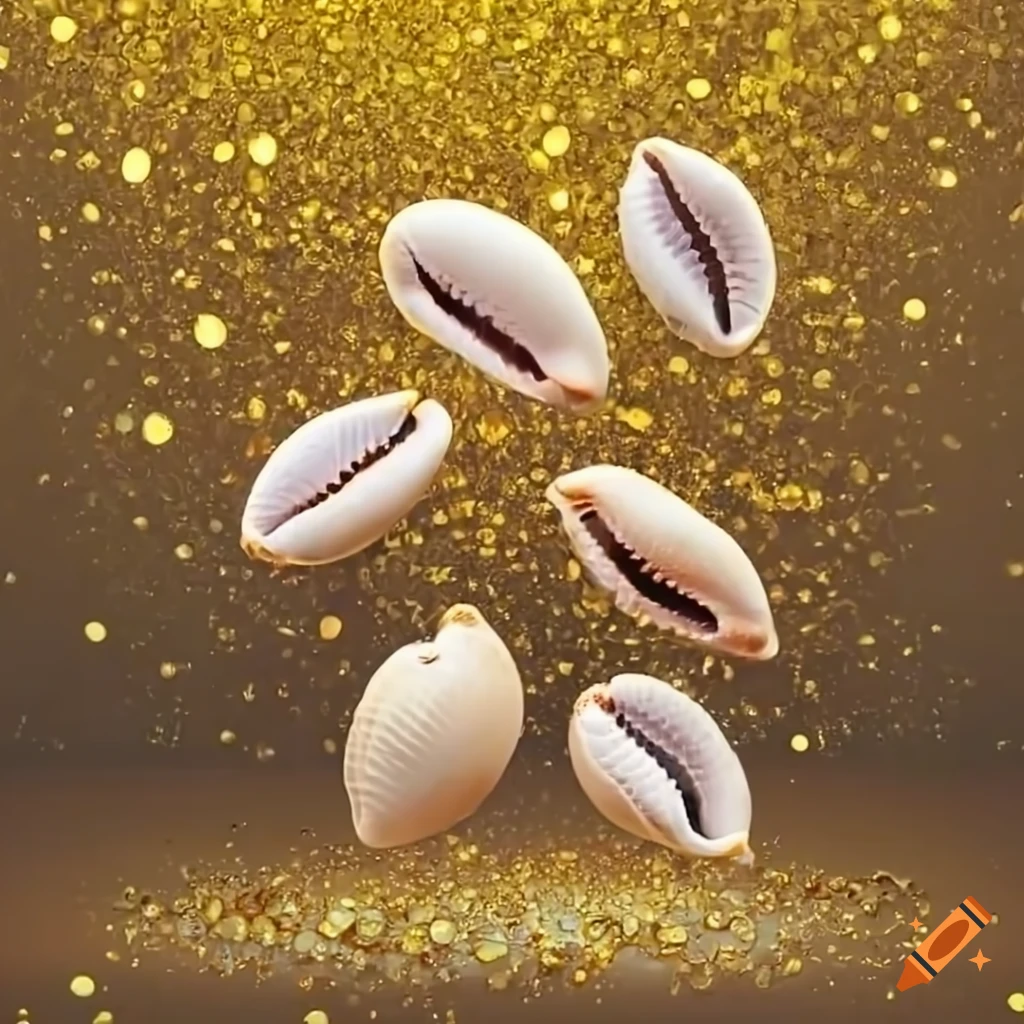 Pile of cowrie shells falling on shiny gold background