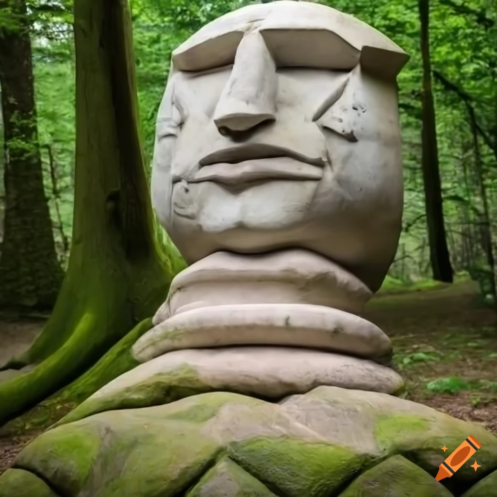 Marble sculpture of a surreal geometric human face in an ancient forest