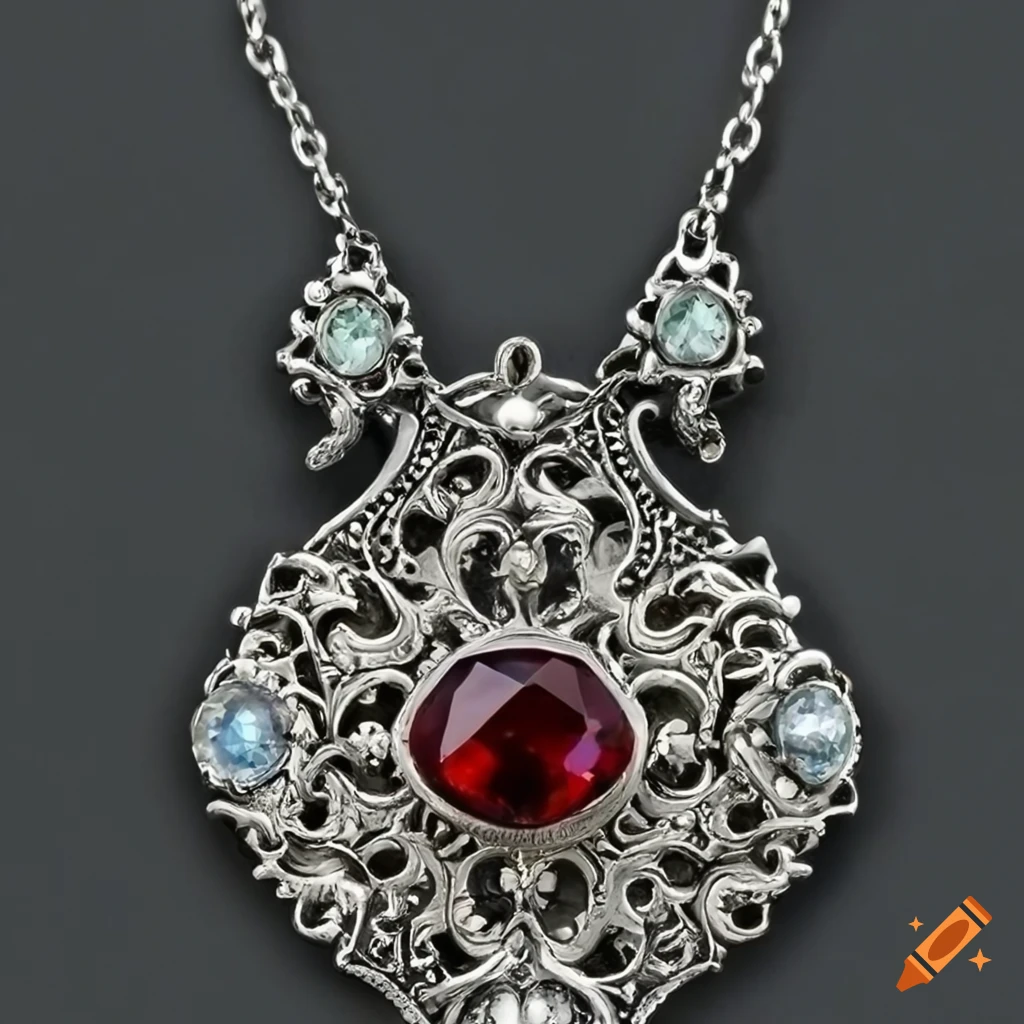 Gothic victorian silver gemstone pendant necklace with elaborate ...