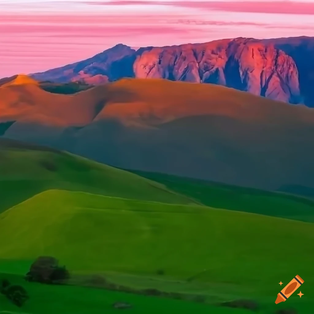 A windows-xp style landscape with hills and pink sky