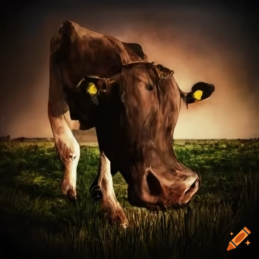 Cattle grazing in the distance. dark background. artistic watercolor on ...