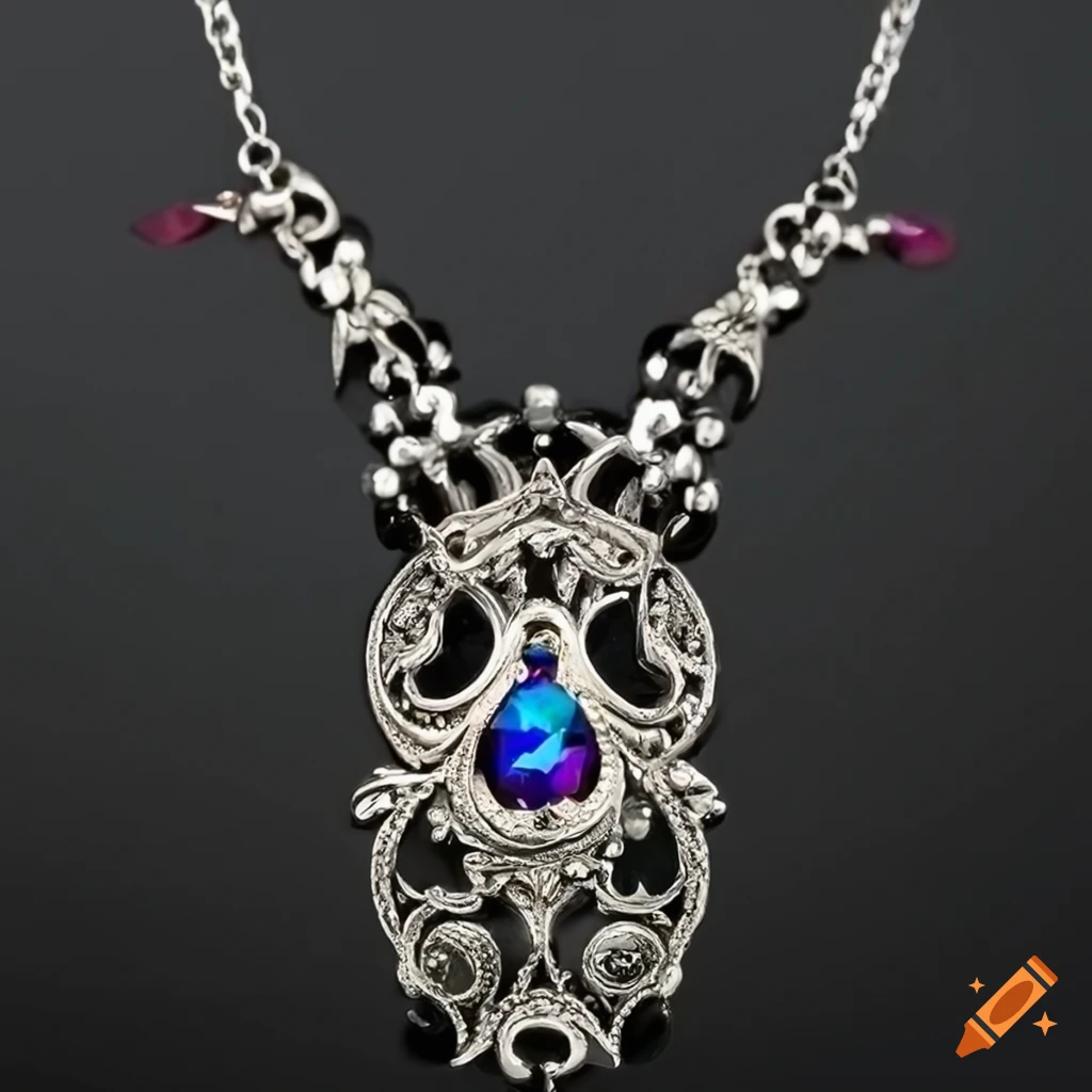 Gothic victorian silver gemstone pendant necklace with elaborate ...