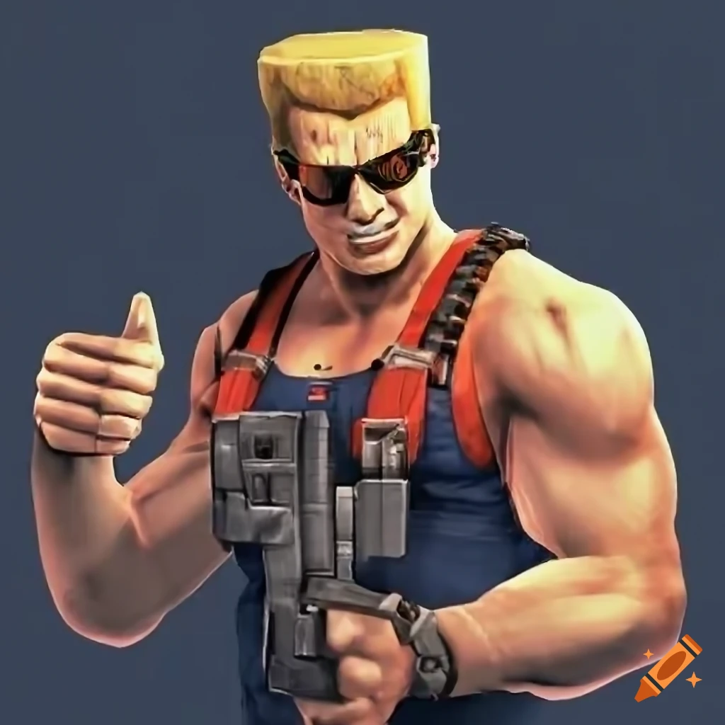 Duke nukem giving a thumbs up but he has two thumbs on one hand ...