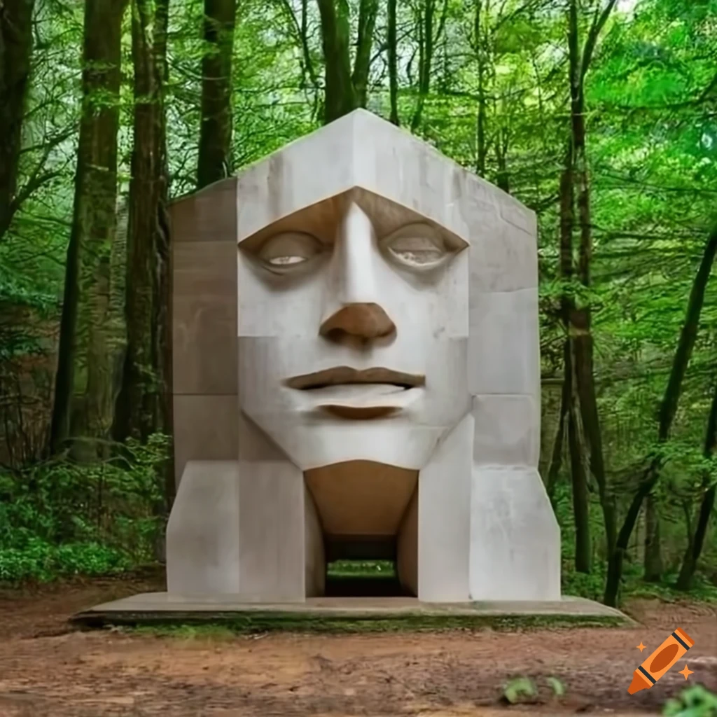 Marble sculpture of a surreal geometric human face with a staircase on it in an ancient forest ...