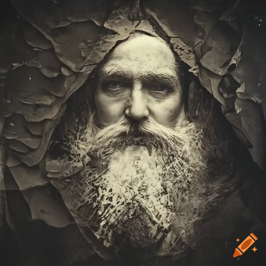 Vintage photo bearded god seen from side a cracked glass