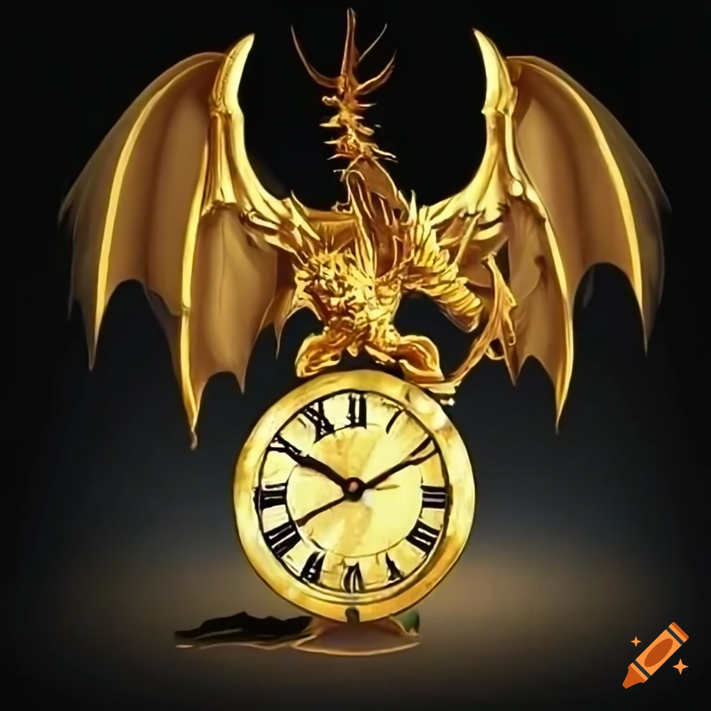 A golden clock dragon with shiny wings on Craiyon