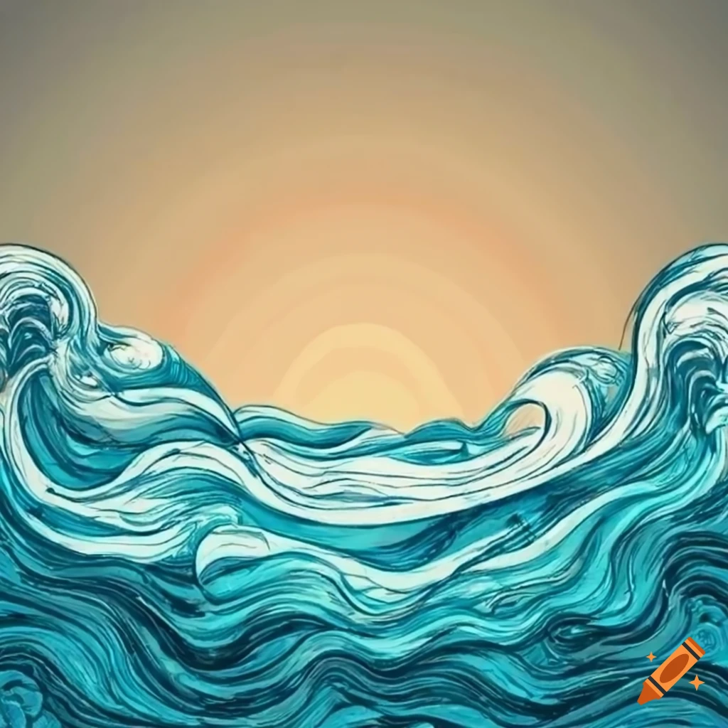 A sketch of ocean waves with elegant baroque and victorian styled rolls