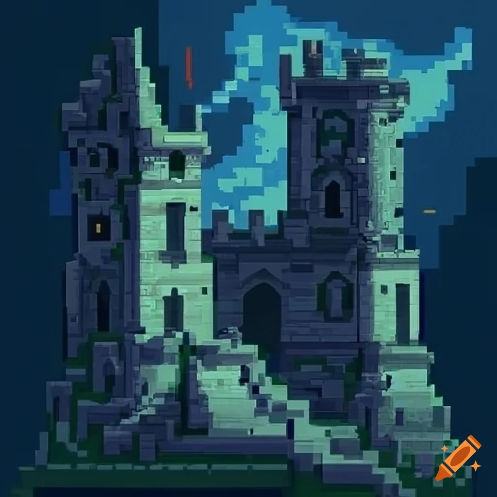 Ruins castle, midnight, pixel art