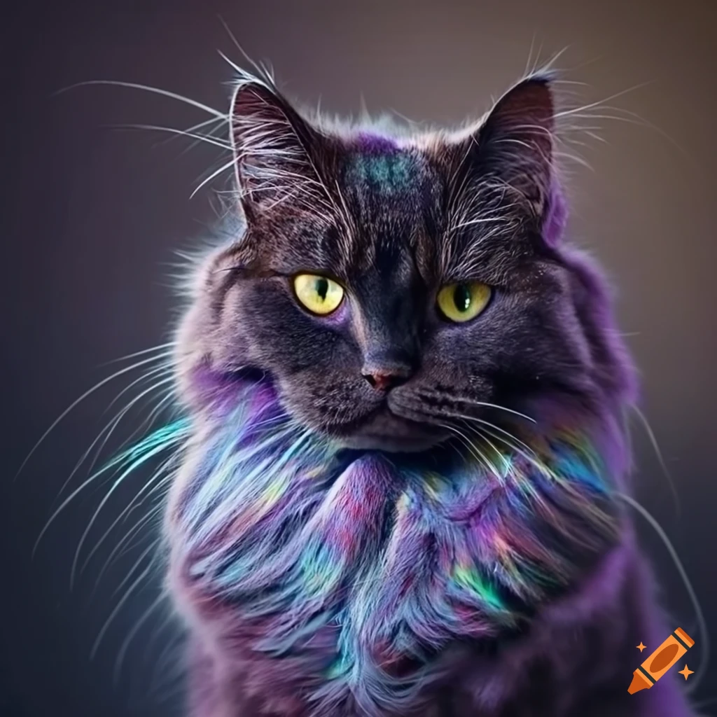 A fluffy dark cat with iridescent fur