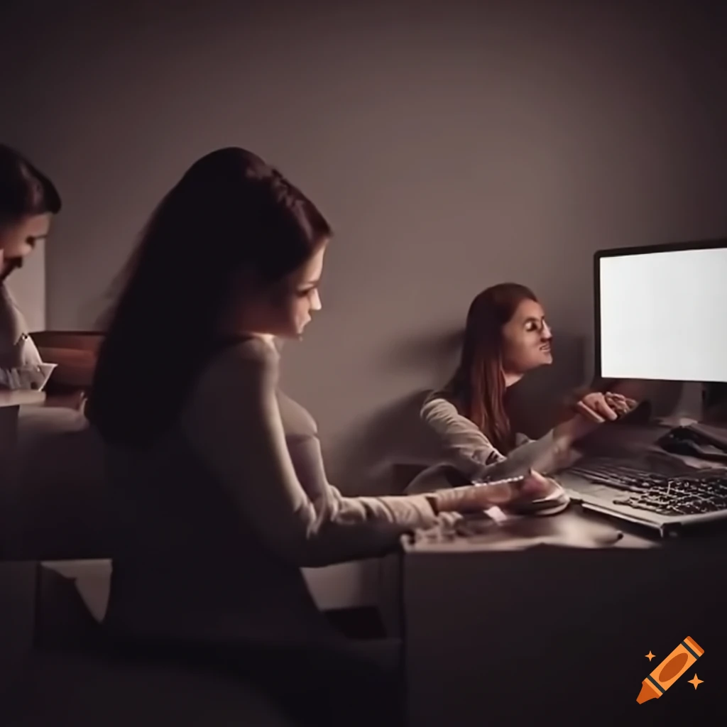 A lot of people sit in front of computers in the office sad mood on Craiyon