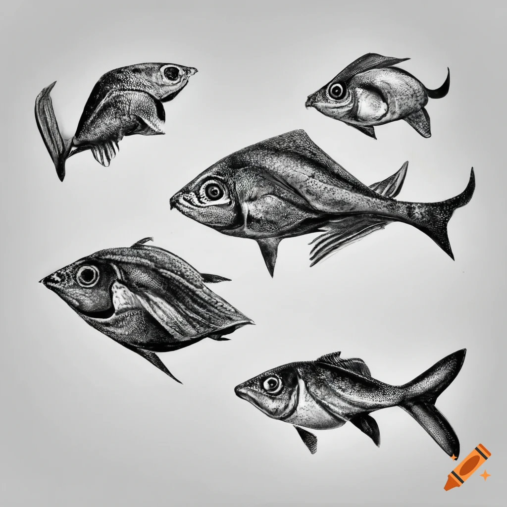 Variety of one colored fish on white backgroun on Craiyon