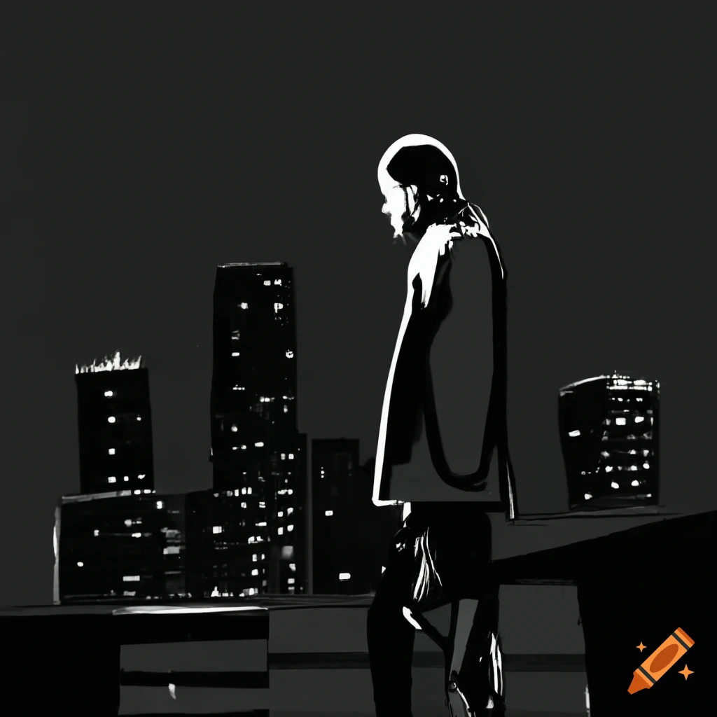 A melancholic man standing on rooftop gazing at the city lights