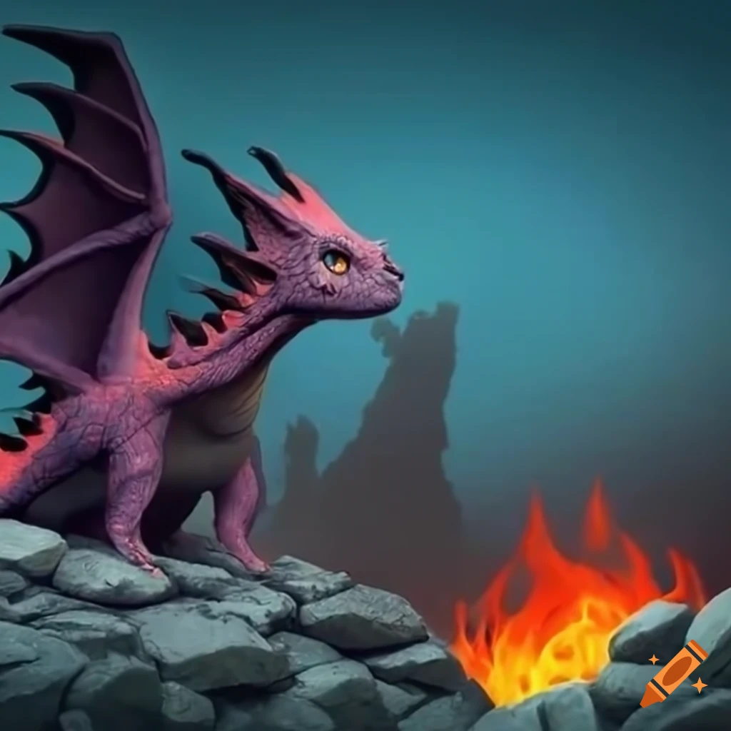 Two small cute cleptomanic dragons breathing fire in a rocky landscape ...