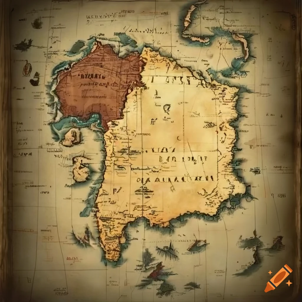 Old style map of an imaginary islan on Craiyon