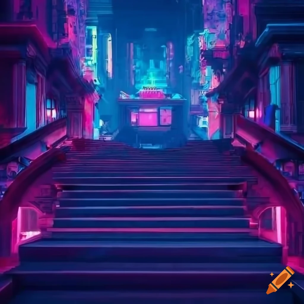 Staircase in front of the marble cyberpunk palace in the morning