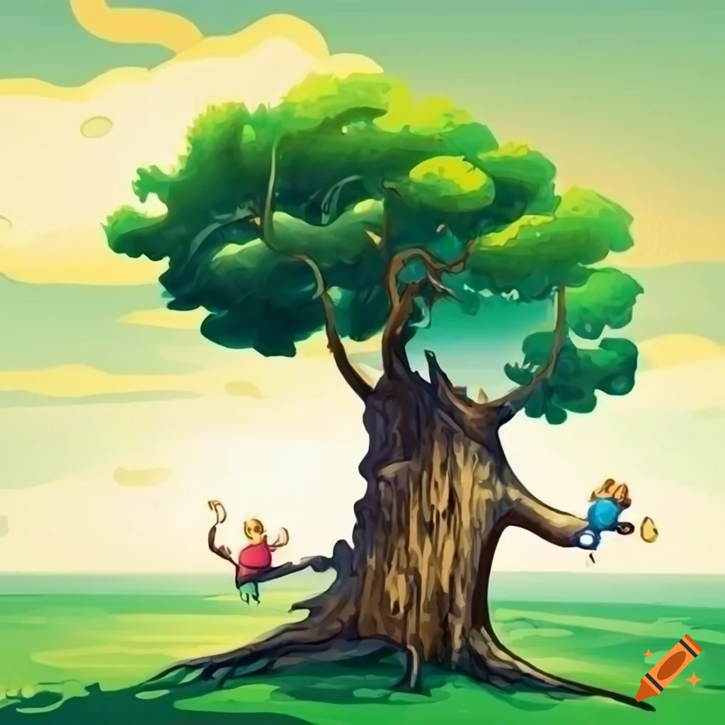 An old cartoon tree and a child on Craiyon